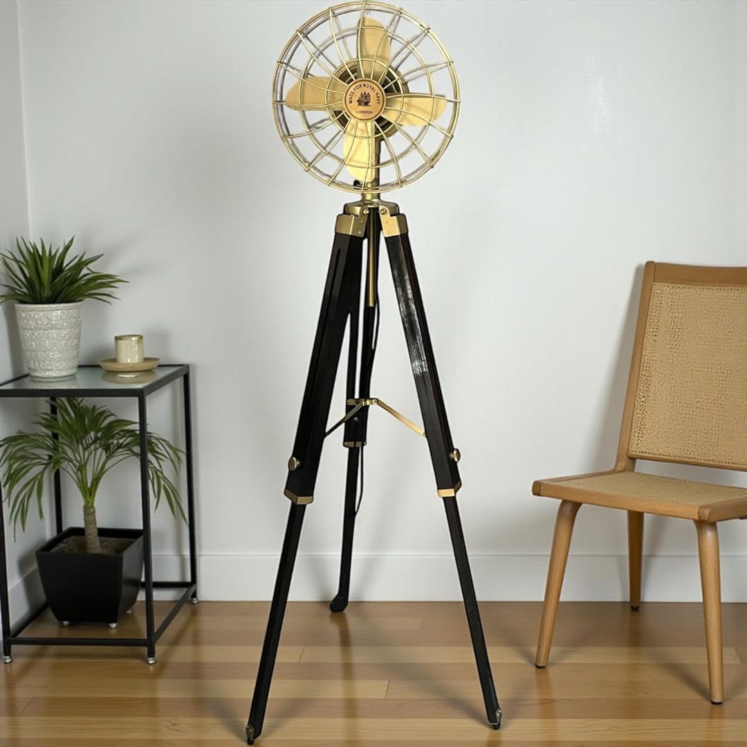 Retro Brass Floor Fan: Adjustable Wood Tripod, Nautical Decor - Etsy