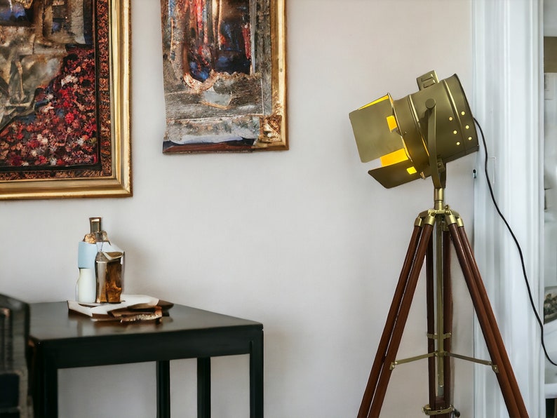 Vintage Brass Nautical Spotlight on Adjustable Wooden Tripod Stand LED ...