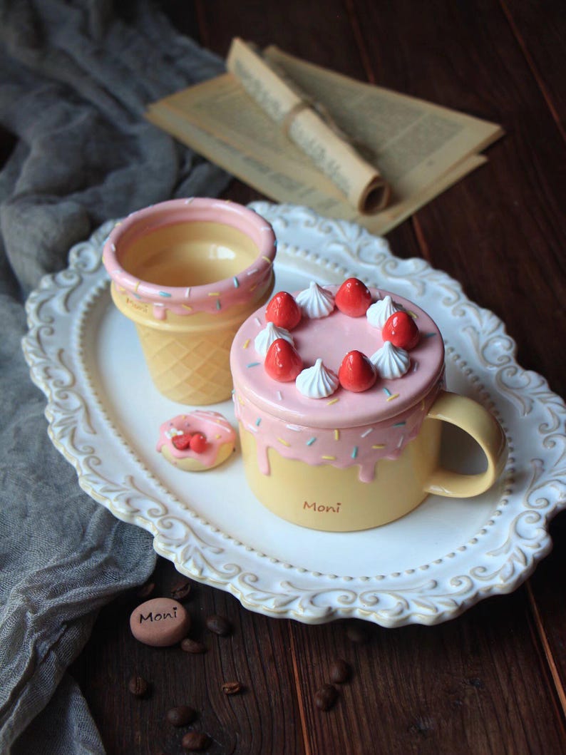 Handmade Dessert Mug With Lid, Cake Design, Fruit Toppings - Etsy