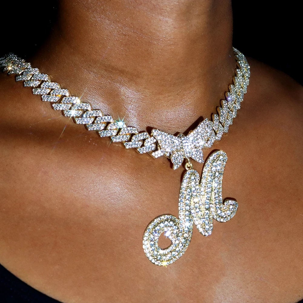 A-Z Crystal Butterfly Initials Name Pendant Necklace Iced Out Cursive ...