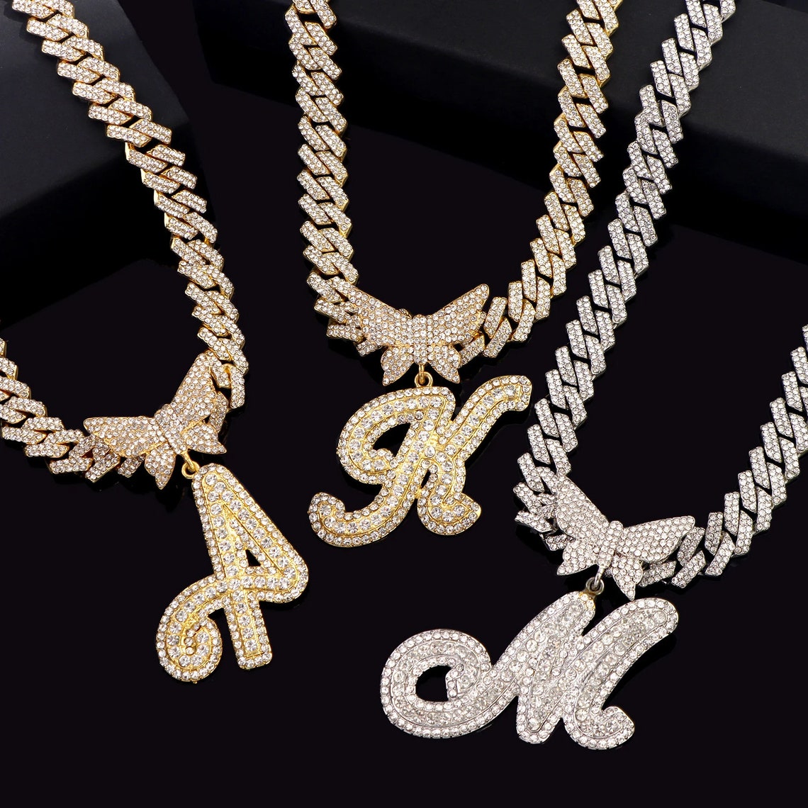 A-Z Crystal Butterfly Initials Name Pendant Necklace Iced Out Cursive Letters Rapper Necklace ...