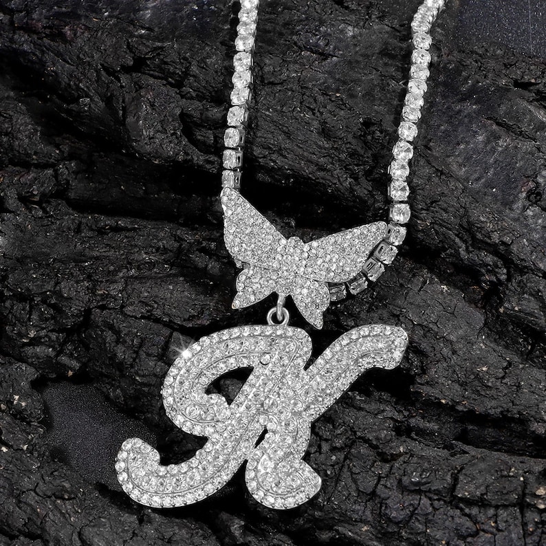 A-Z Crystal Butterfly Initials Name Pendant Necklace Iced Out Cursive Letters Rapper Necklace ...
