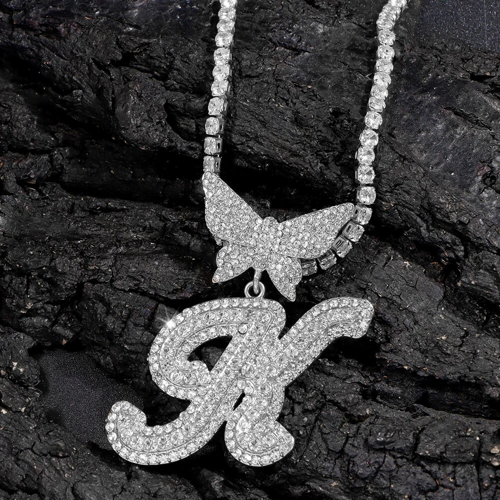 A-Z Crystal Butterfly Initials Name Pendant Necklace Iced Out Cursive ...