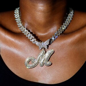 A-Z Crystal Butterfly Initials Name Pendant Necklace Iced Out Cursive ...