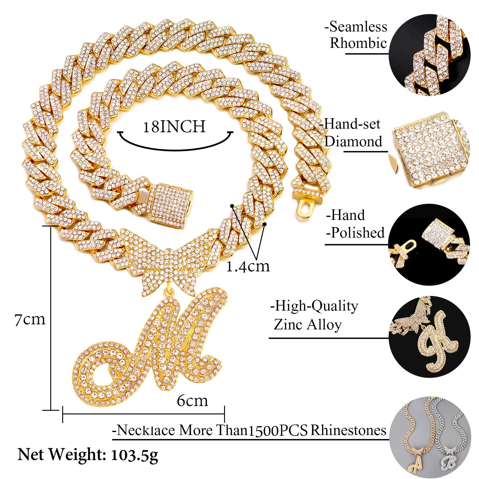 A-Z Crystal Butterfly Initials Name Pendant Necklace Iced Out Cursive ...