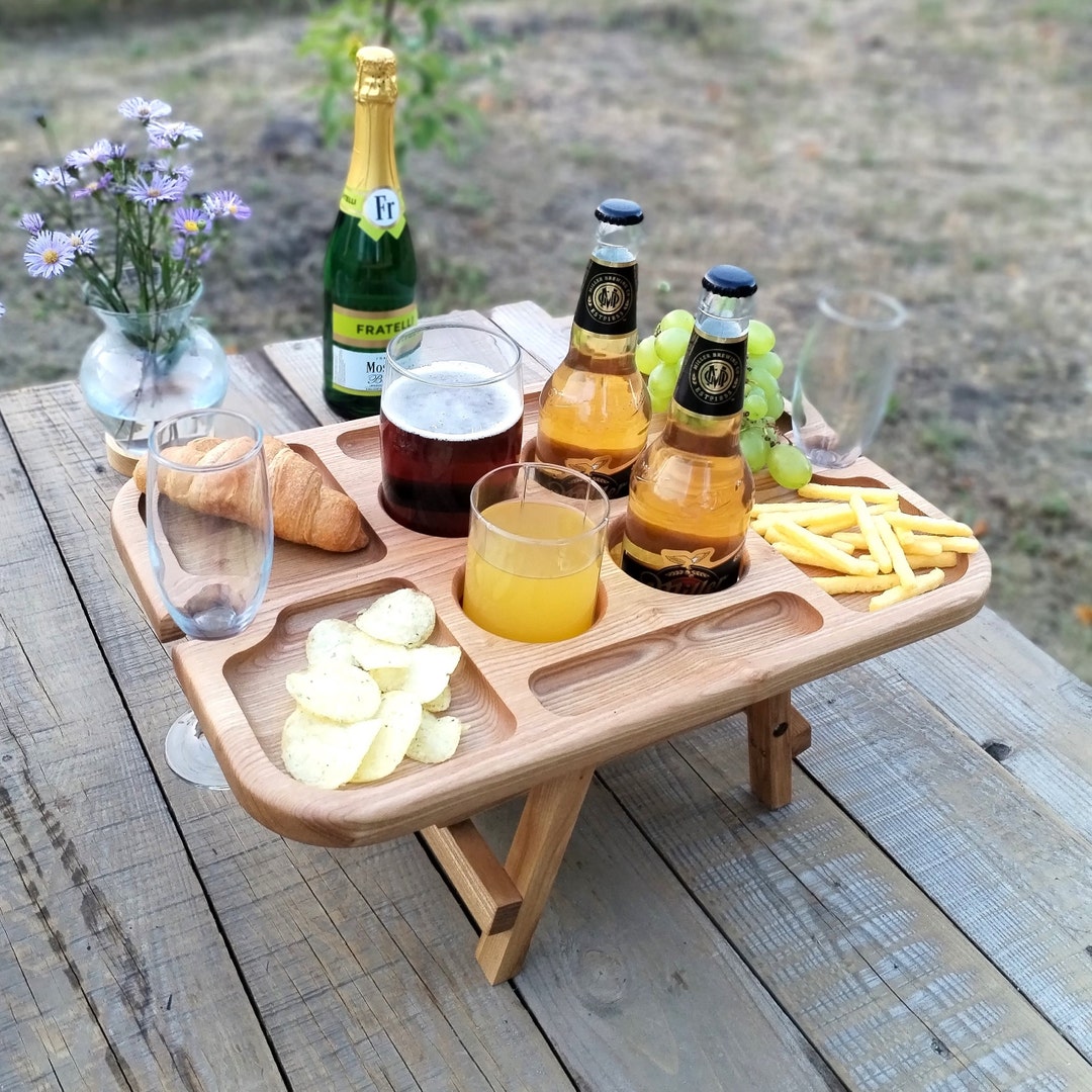 Wooden Beer Holder, Portable Drink Beer Table, Folding Picnic Table ...