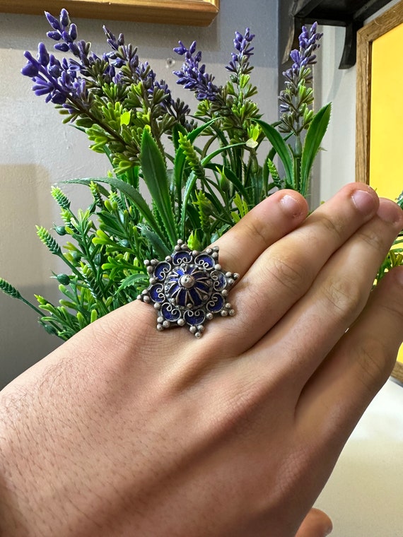 Stunning Silver And Enamel Handmade Ring, Berber Jewe… - Gem