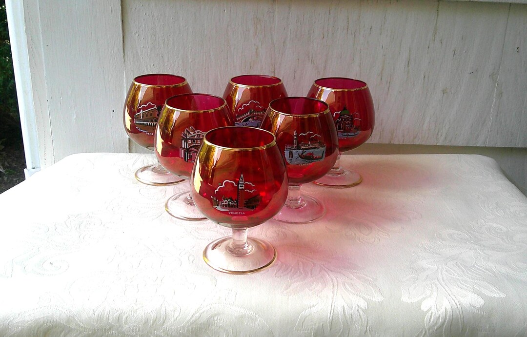MCM 1950's Brandy Snifters Glasses Cranberry Flash Sights of Venice ...