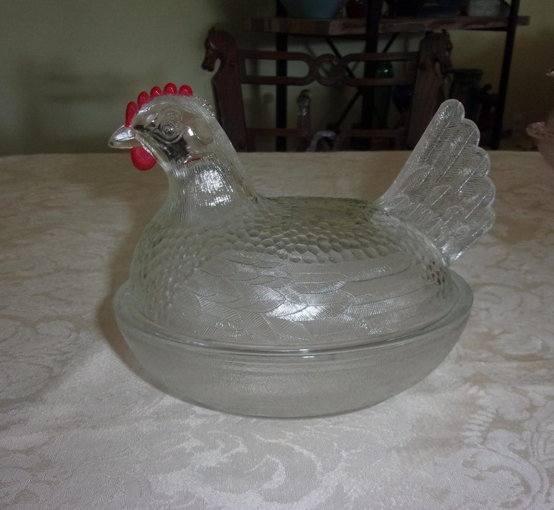 Vintage Indiana Crystal Glass Hen on Nest Clear Chicken Candy Dish Red ...