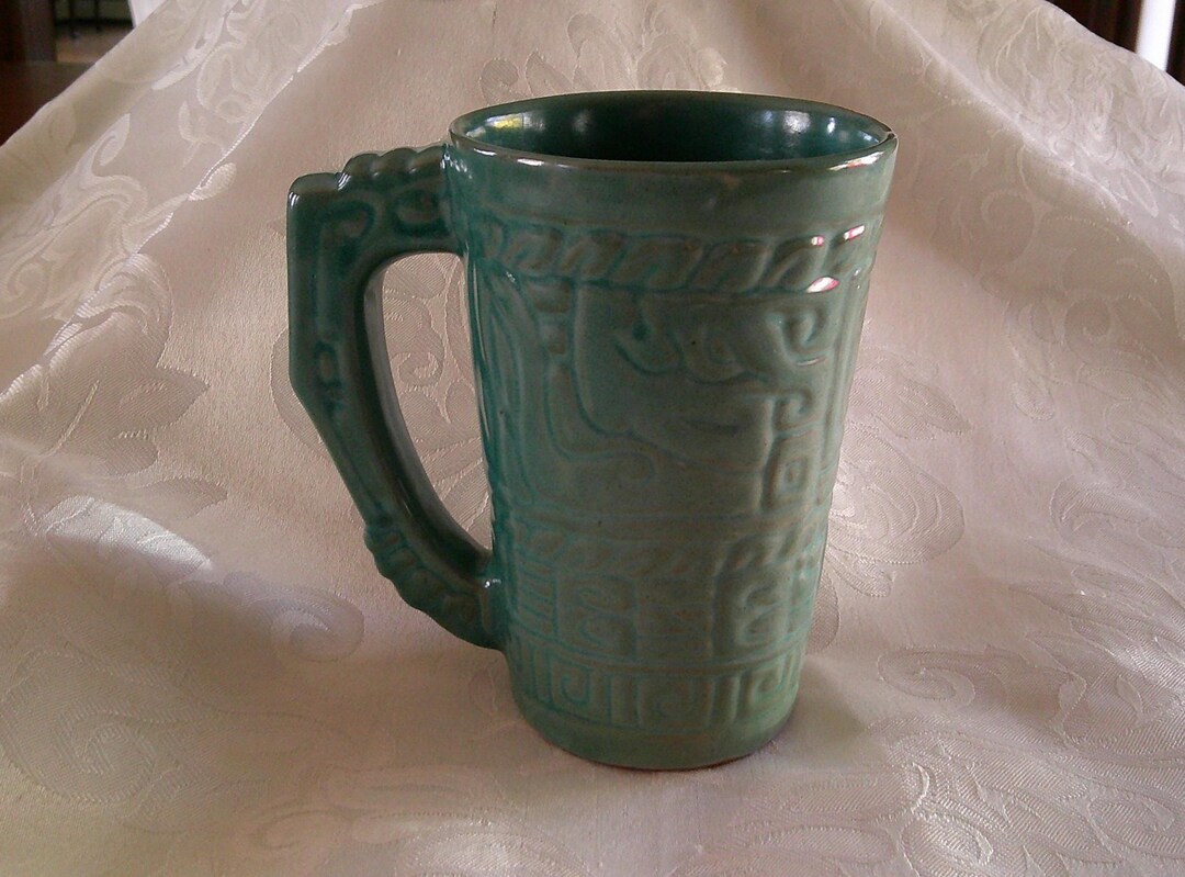 Vintage Frankoma Pottery 5" Bluish Green Coffee Mug Mayan Aztec Pattern ...
