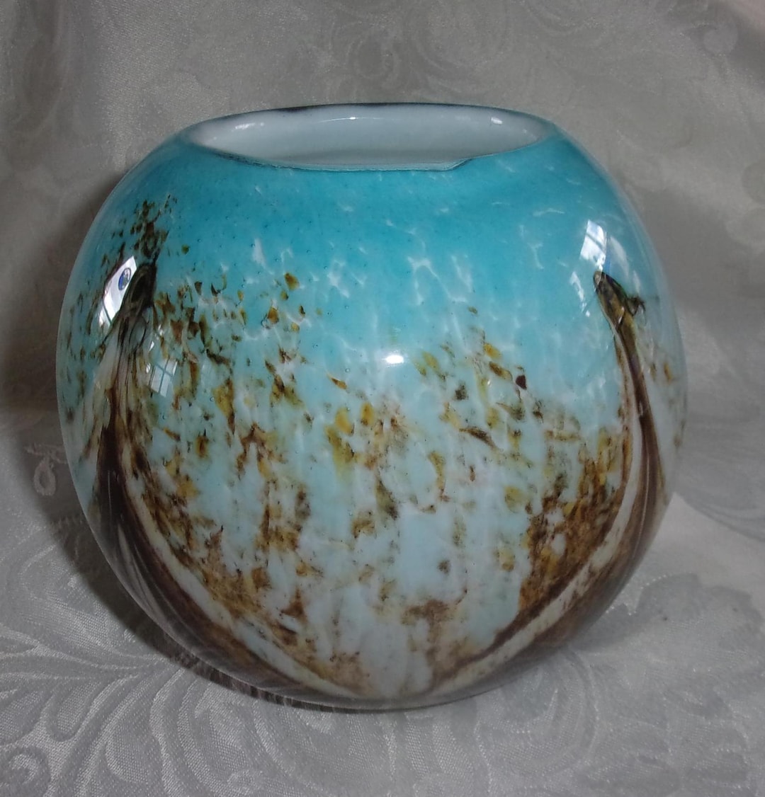 HQT Home Design Hand Blown Art Glass Globe Round Vase, Blue, Brown ...