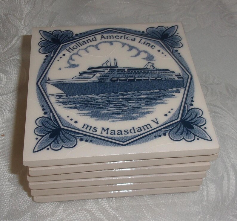 Vintage Holland America Line Delft Blue Tile Coasters Cork Back Set of ...
