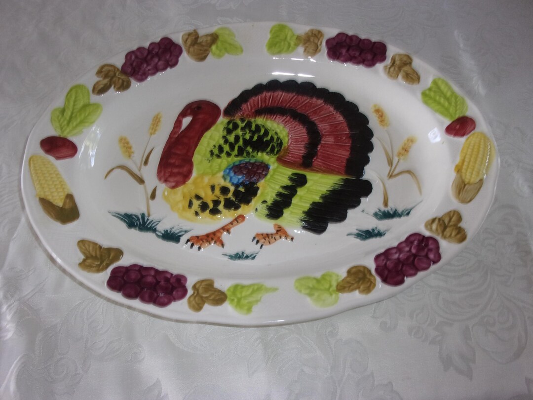 Vintage Embossed Ceramic Turkey Platter Colorful Fruit Veggies Oval 18 ...