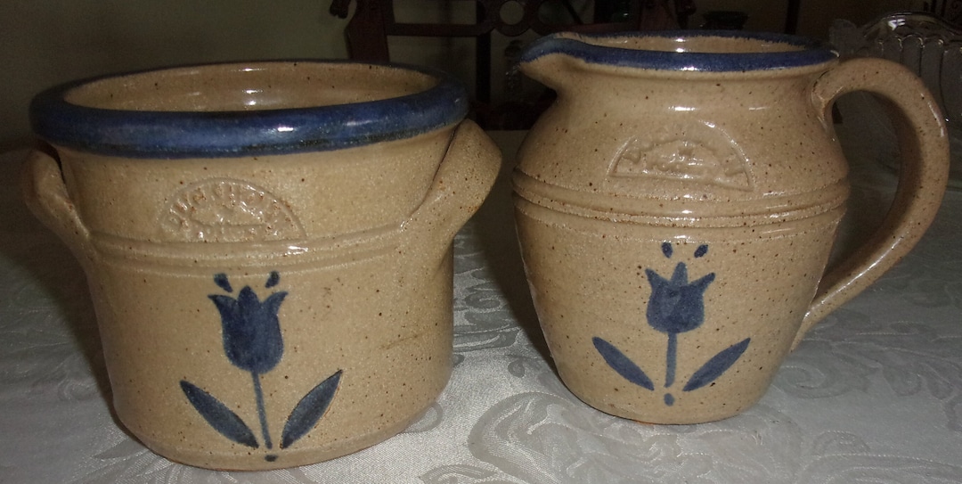 Duck Horn Pottery Pitcher and Crock Blue Flower and Trim Country ...