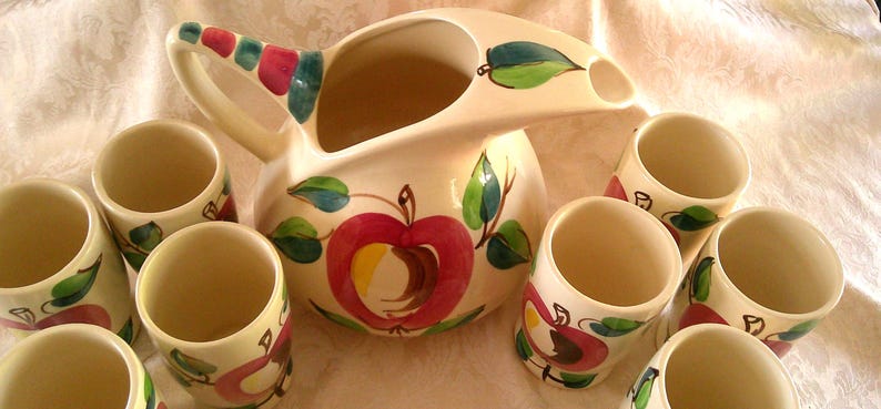 Puritan Slip Ware Large Pitcher W/ 8 Tumblers Apple Pattern 1950's - Etsy