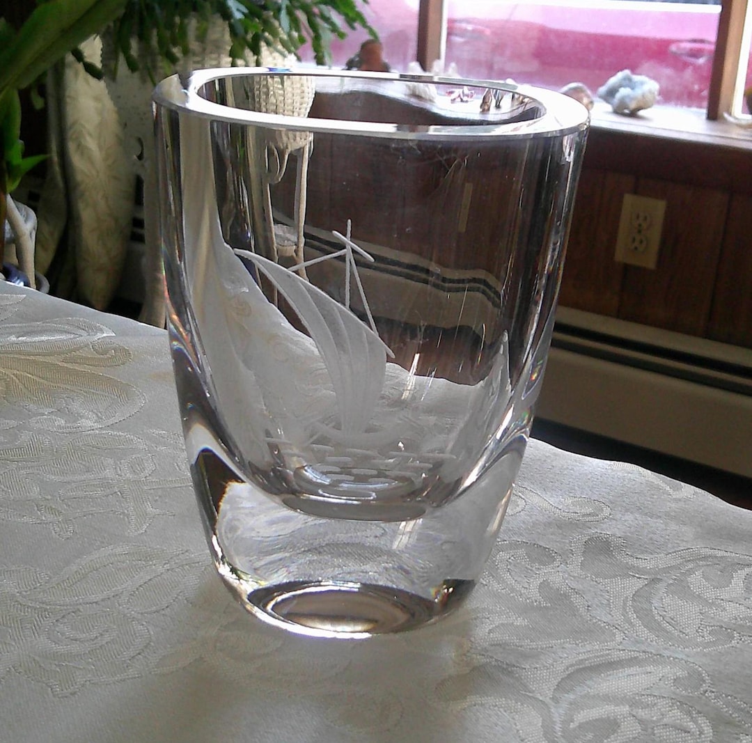 Vintage Crystal Vase Etched Sailboat Sailing Vessel 4 3/4" Tall Thick ...