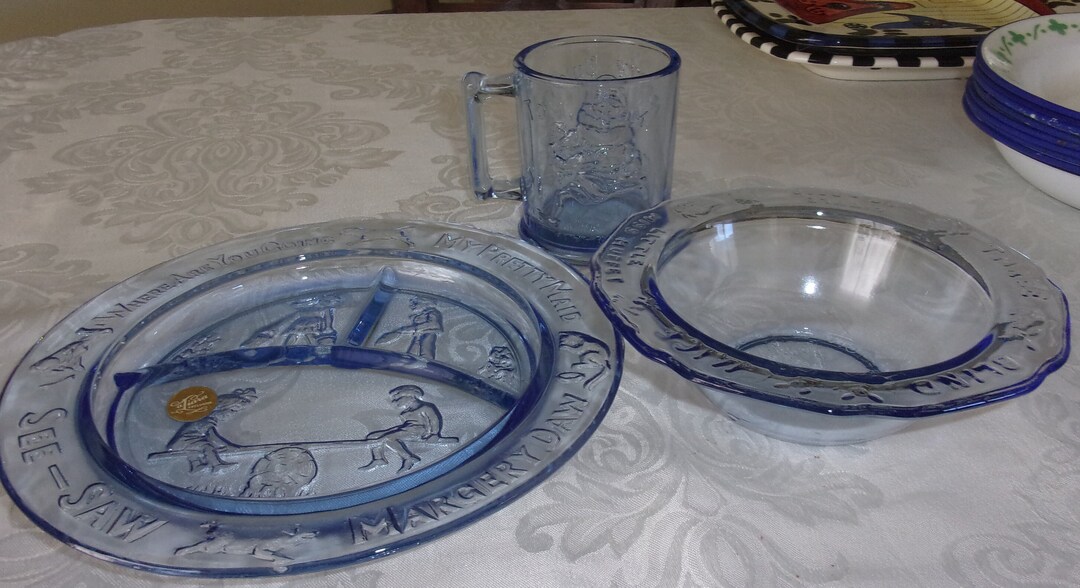 Vintage Tiara Glass Blue Nursery Rhyme 3 Pc Set Children's Embossed ...