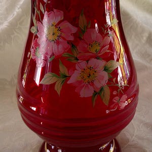 Vintage Ruby Red Hand Painted Glass Vase Floral Design Gold Trim 10 1/2 ...
