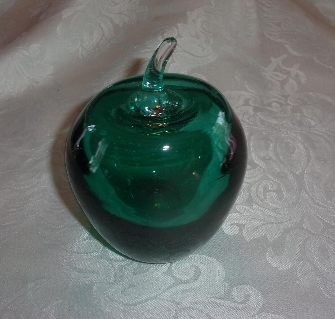 MCM BLENKO Teal Bluish Green Apple Paperweight Hand Blown Art Glass ...