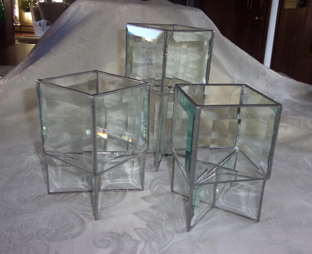 Vintage Beveled Glass Leaded Soldered Pillar Candle Holder 4-sided Set ...