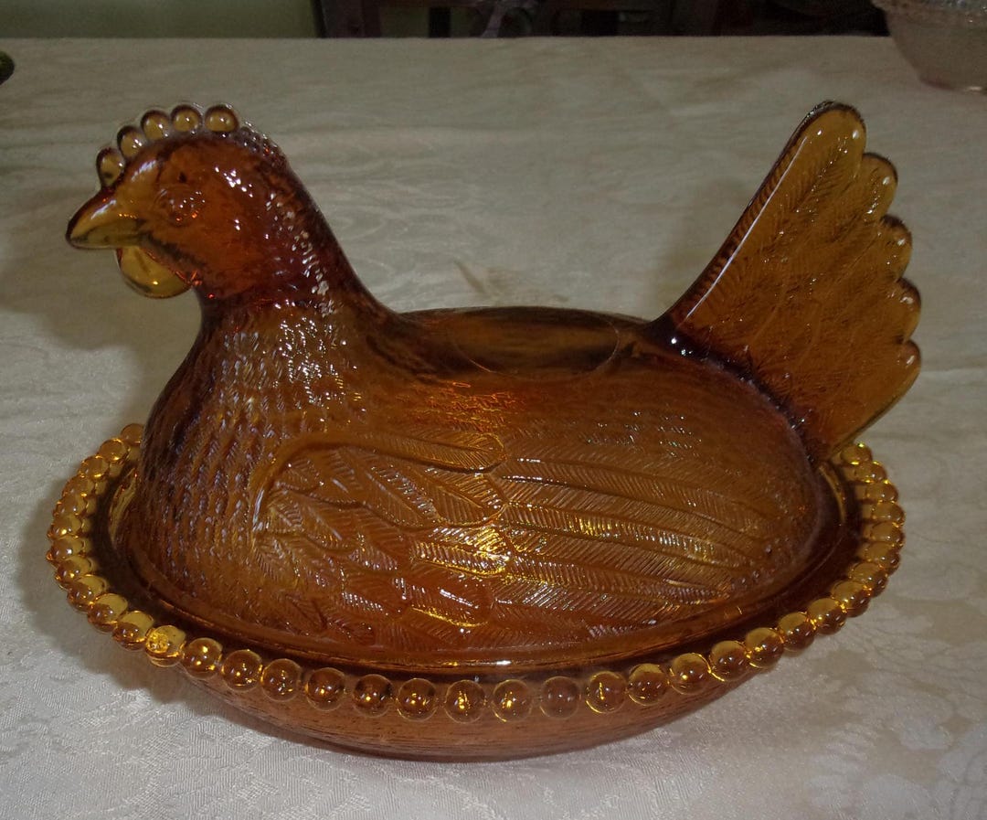 Vintage Indiana Crystal Glass AMBER Hen on Nest Clear Chicken Candy ...