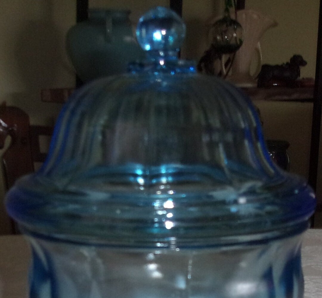 Vintage Indiana Glass THE BLUE JAR 10 Paneled Glass W/ Lid Azure Blue ...