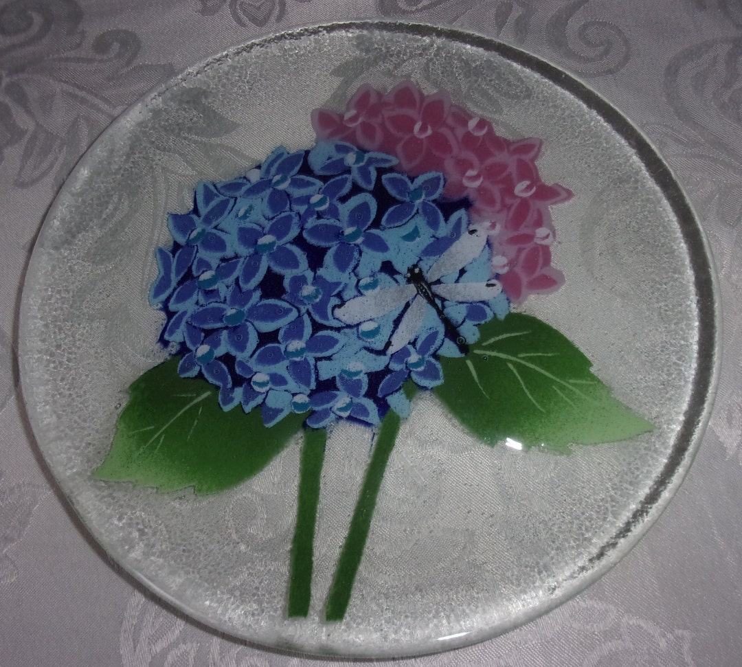 Fused Glass Hydrangea / Dragonfly 8 Square Plate Fusion Art Glass ...