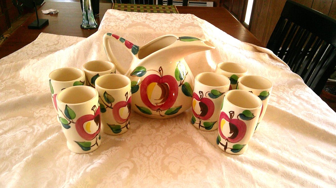 Puritan Slip Ware Large Pitcher W/ 8 Tumblers Apple Pattern 1950's - Etsy