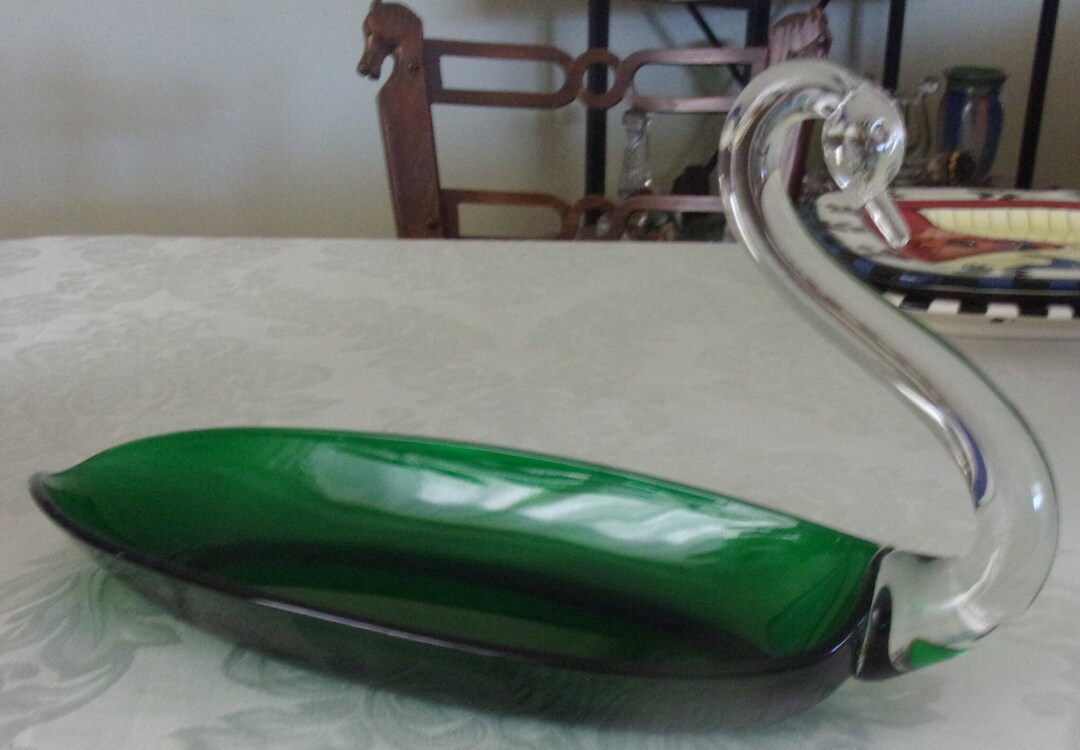 Vintage MCM Duncan & Miller Green Swan Art Glass Candy Dish/nut Bowl 12 ...