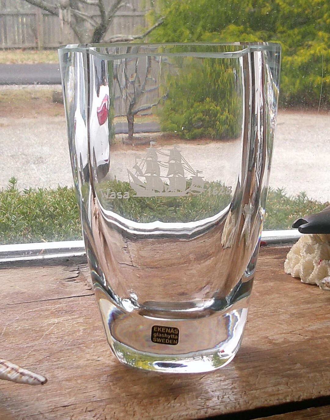 Vintage Ekenas Sweden Art Glass Vase Etched Ship WASA 1628 Signed and ...