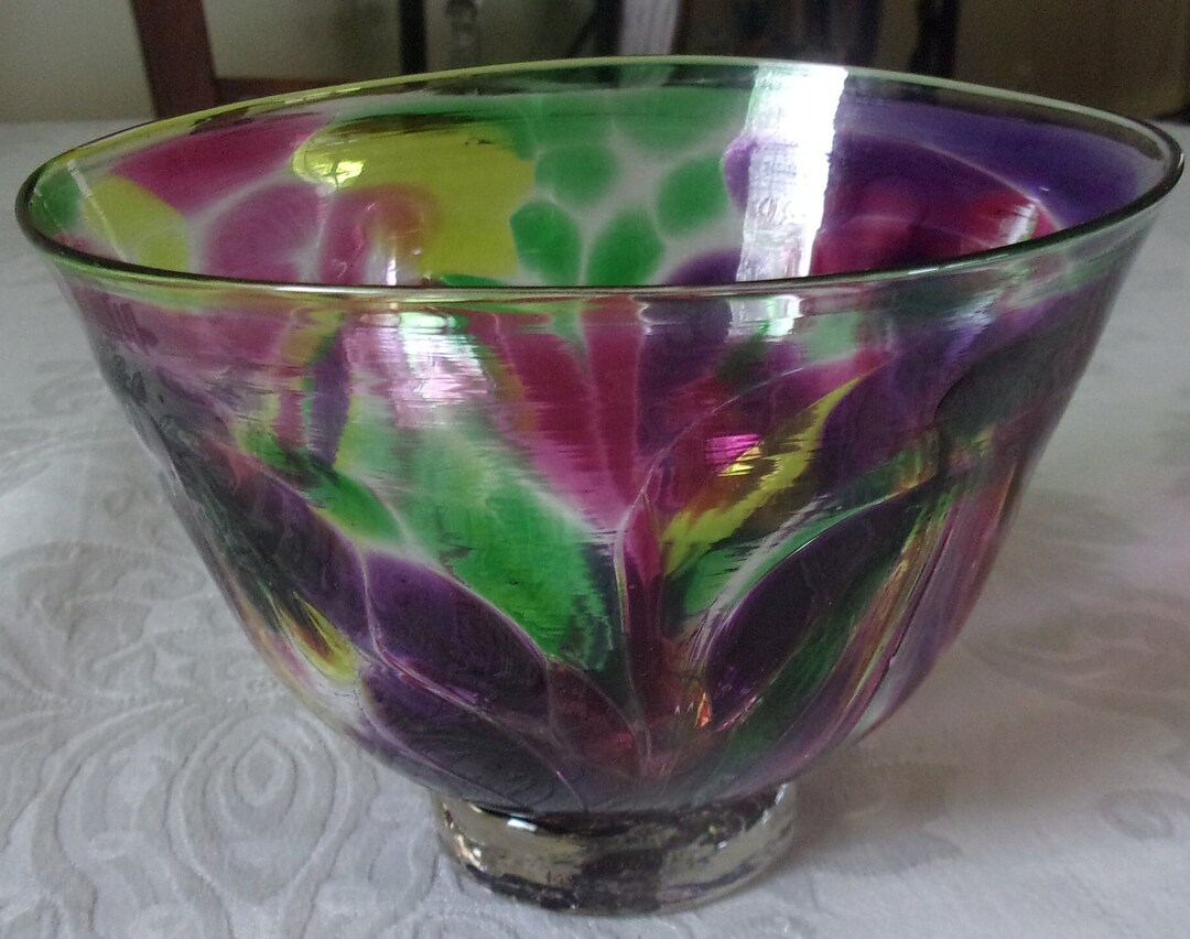 Kitras Art Glass Footed Bowl Green Purple Swirled Signed Hand Blown - Etsy