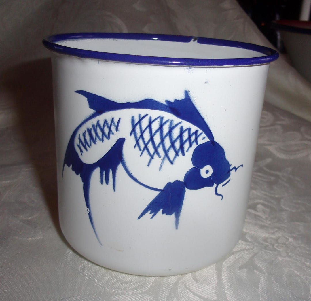 Butterfly Brand Enamelware Koi Fish Mug Blue White 3 1/2" - Etsy