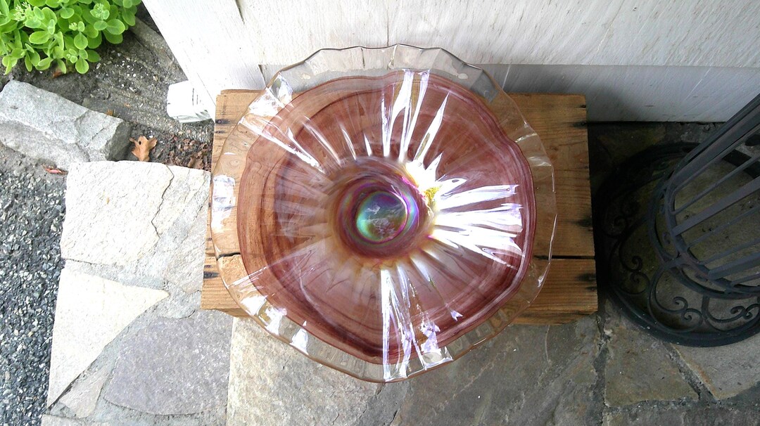 Gorgeous Art Glass Centerpiece Bowl Rainbow Center Ruffle Rim 16 1/2 ...