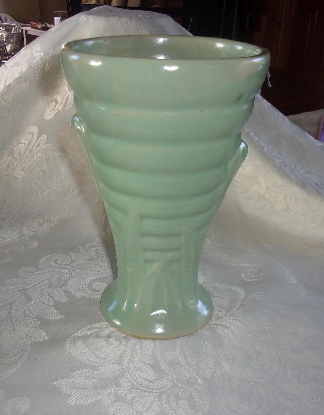 Vintage 1930's Brush Mccoy Art Pottery Banded Ring and Leaves Vase Sea ...