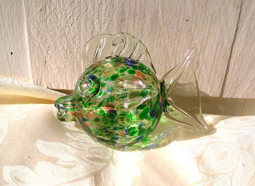 Hand Blown Art Glass Puffer Fish Sun Catcher Window Hanging Ball Green ...