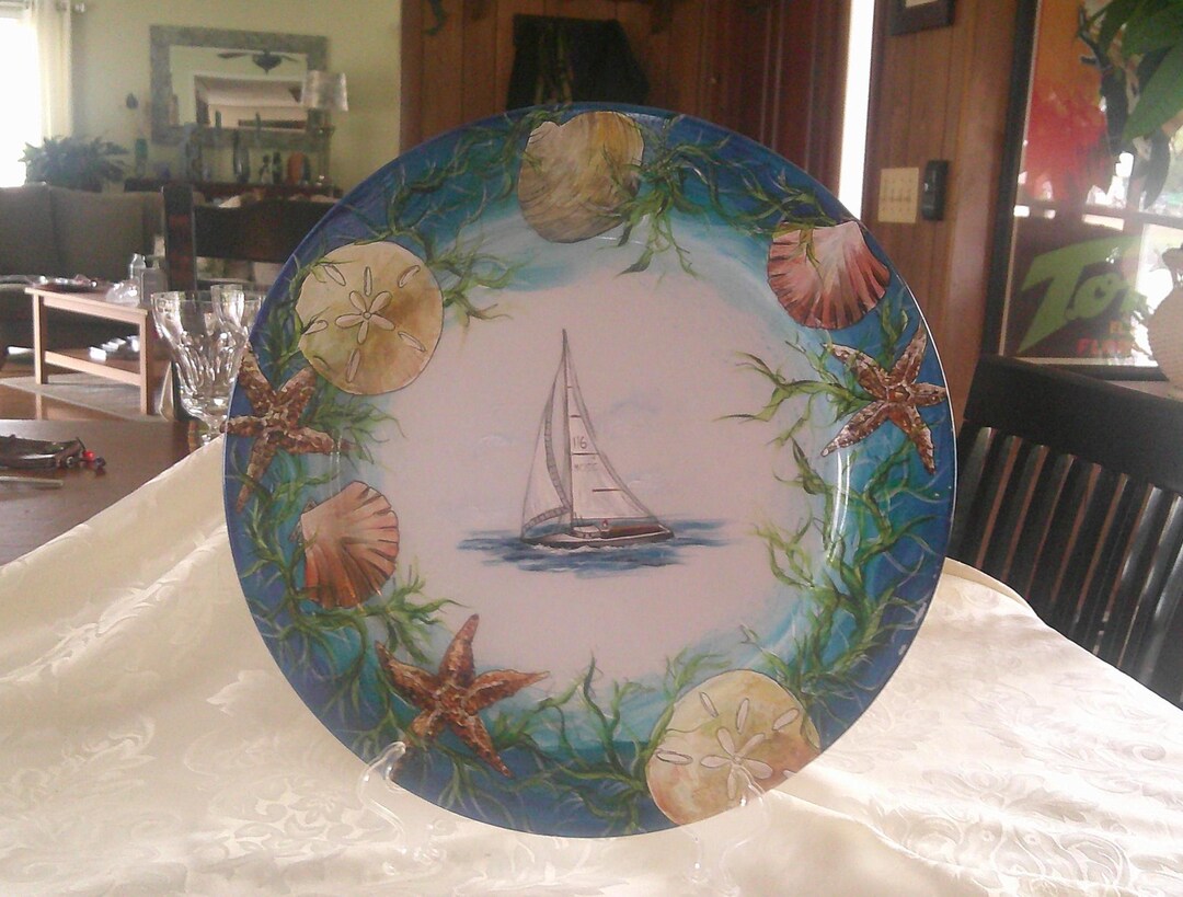 Nautical Hand Painted Sailboat Seashells Large Plate Artist Signed 13 3 ...