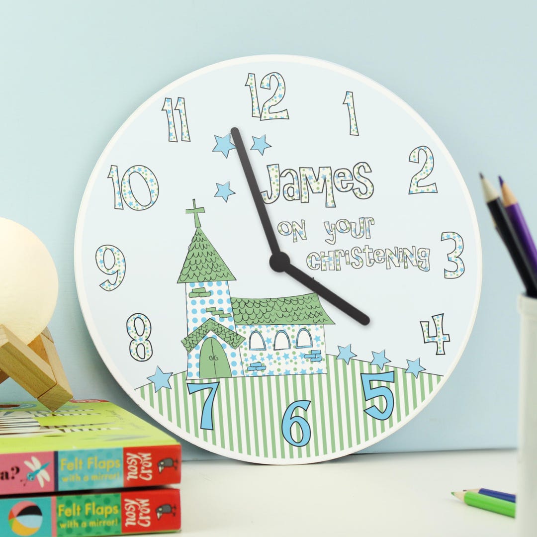 Personalised Church Design Boys Christening Ceramic Wall Clock - Boys ...
