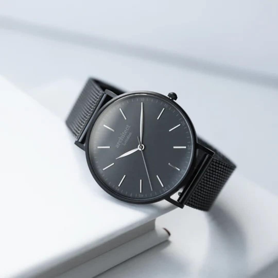 Personalised Mens Engraved Watch With Black Mesh Strap Modern Font ...