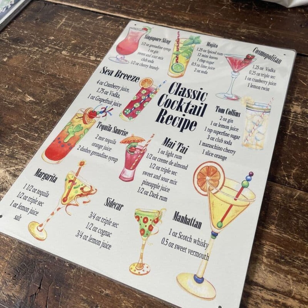 Classic Cocktail Recipe Metal Drink Wall Sign - Drink Sign | Vintage ...