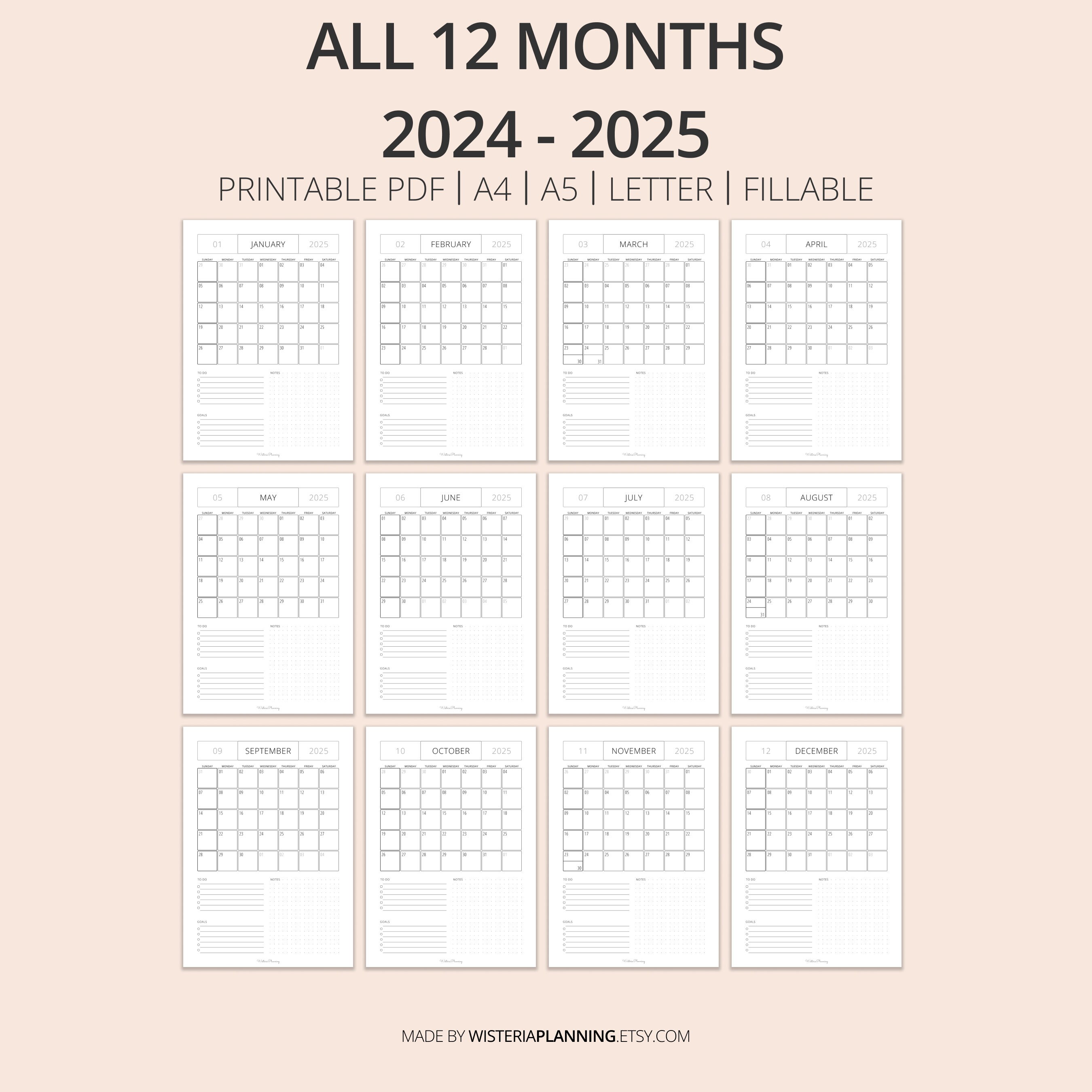 2024-2025 Monthly Calendar Printable Fillable Year Calendar Template ...