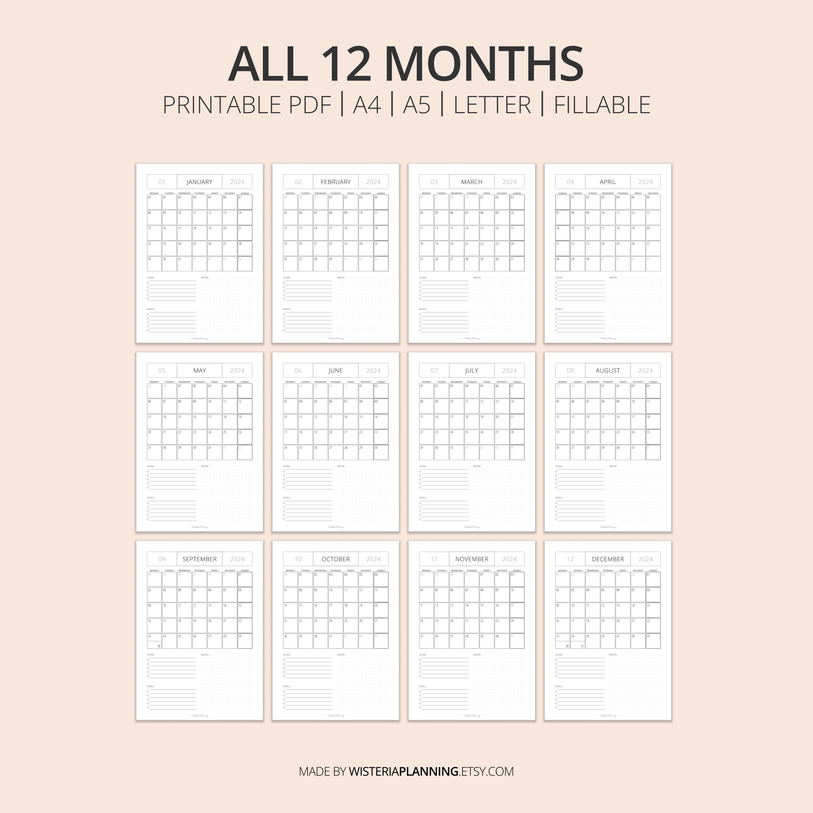 2024 Monthly Calendar Printable Fillable Year Calendar Template Minimalist Planner Desk Calendar ...