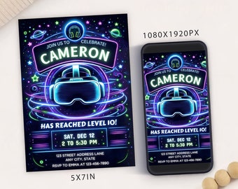 Virtual Reality Game Birthday Party Invitation Card Template, Digital ...