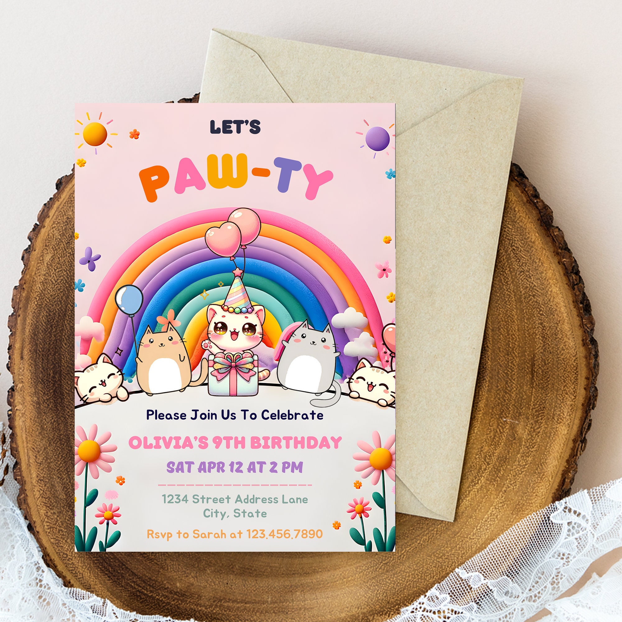 Editable Cute Kawaii Cat Birthday Party Invitation Card Template ...
