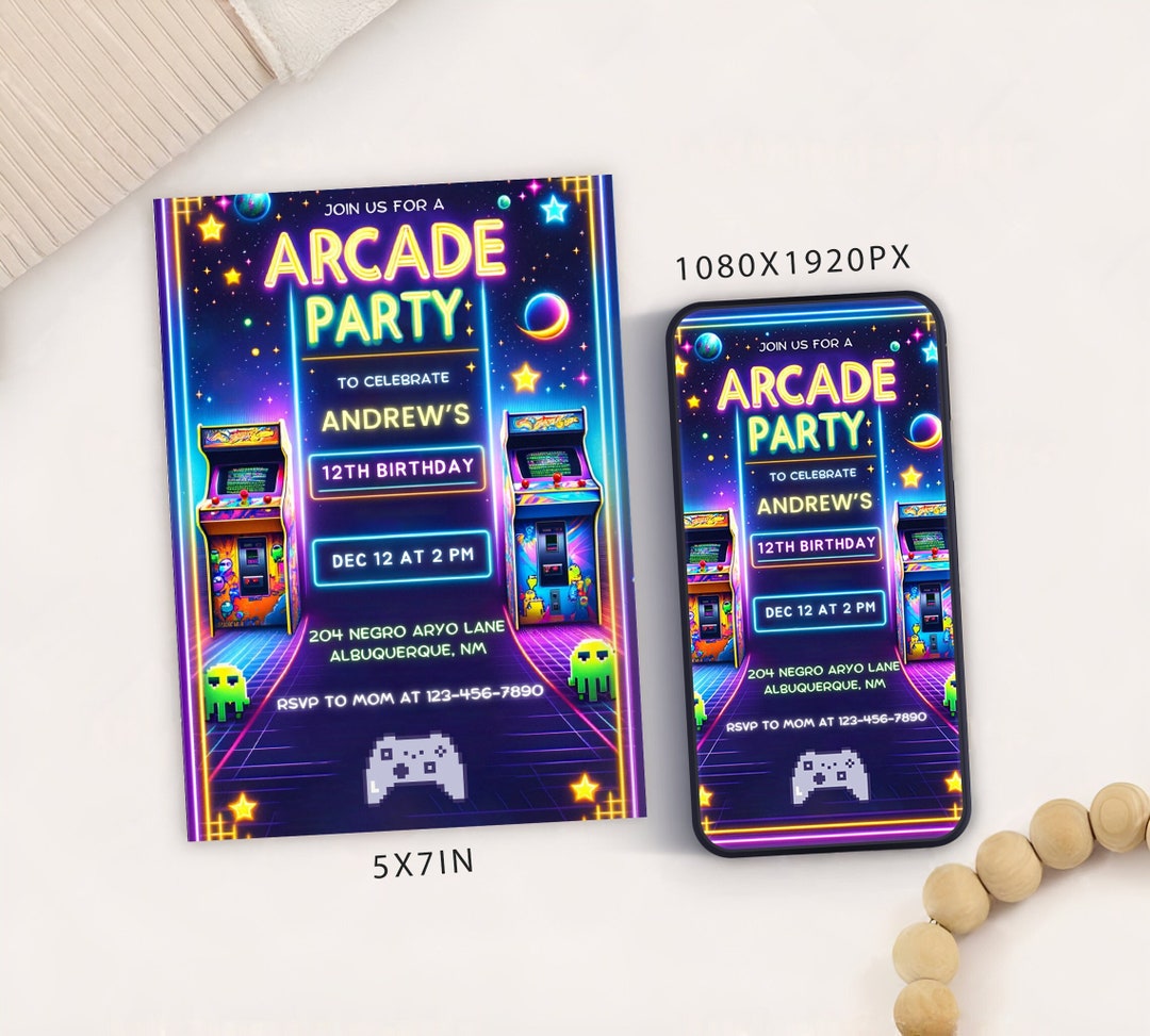 Editable Arcade Party Birthday Invitation Card Printable Template ...