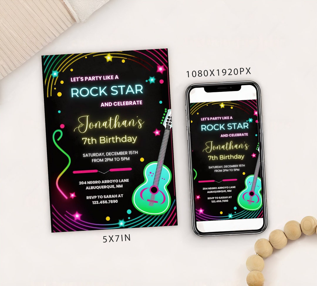 Editable Rockstar Birthday Party Invitation Card Template, Music Guitar ...