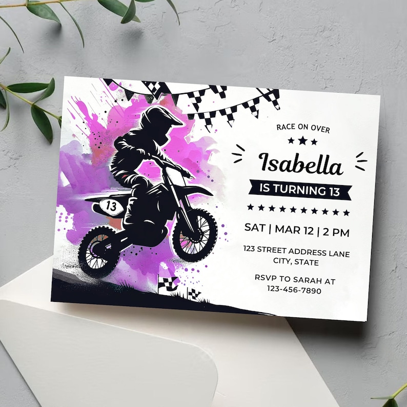 Editable Girl Dirt Bike Birthday Invitation Card Editable Template ...