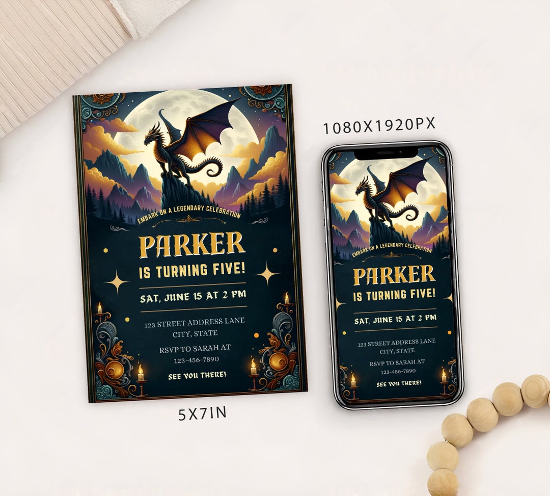 Editable Realistic Dragon Birthday Party Invitation Card Editable ...