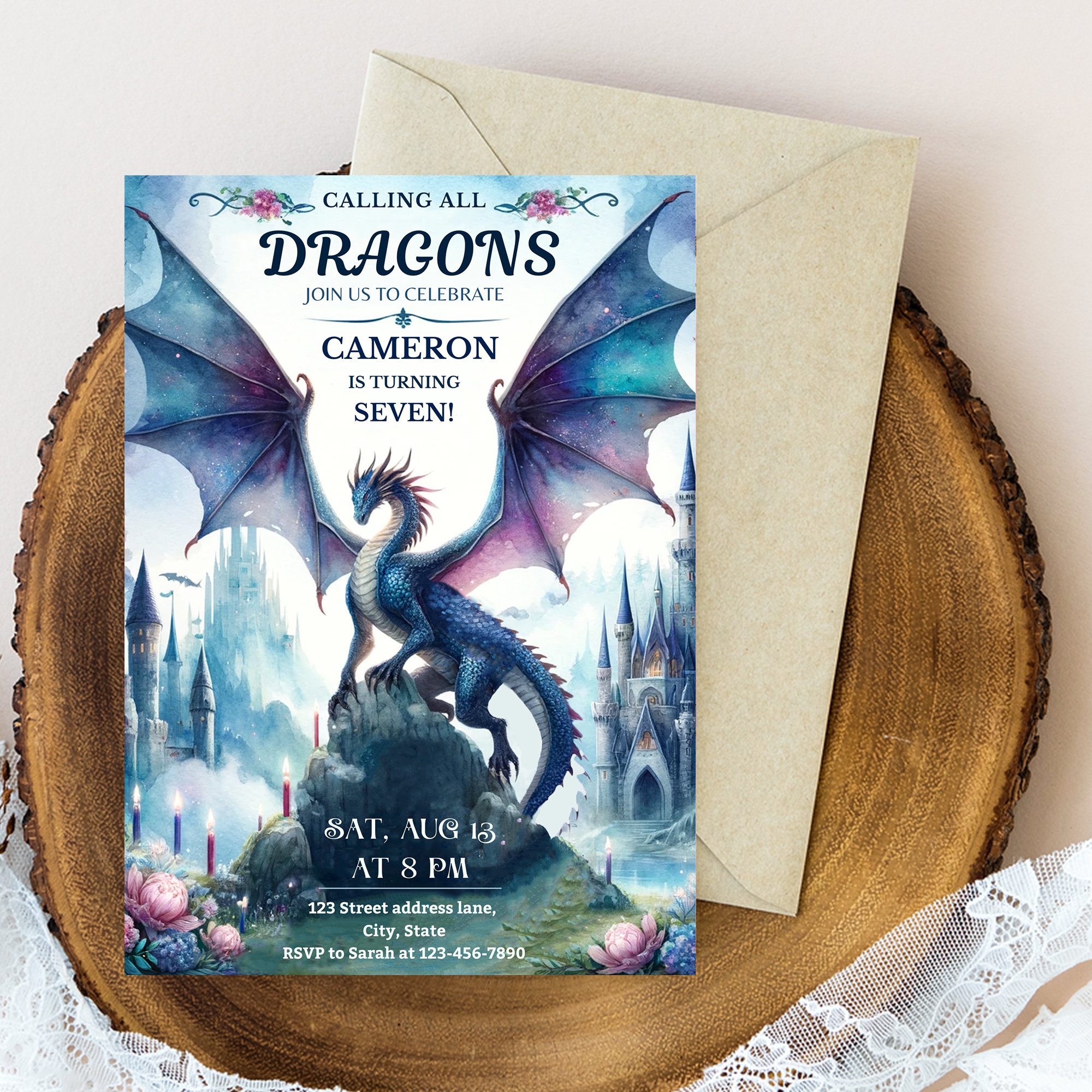 Editable Fantasy Dragon Birthday Invitation Card Editable Template ...