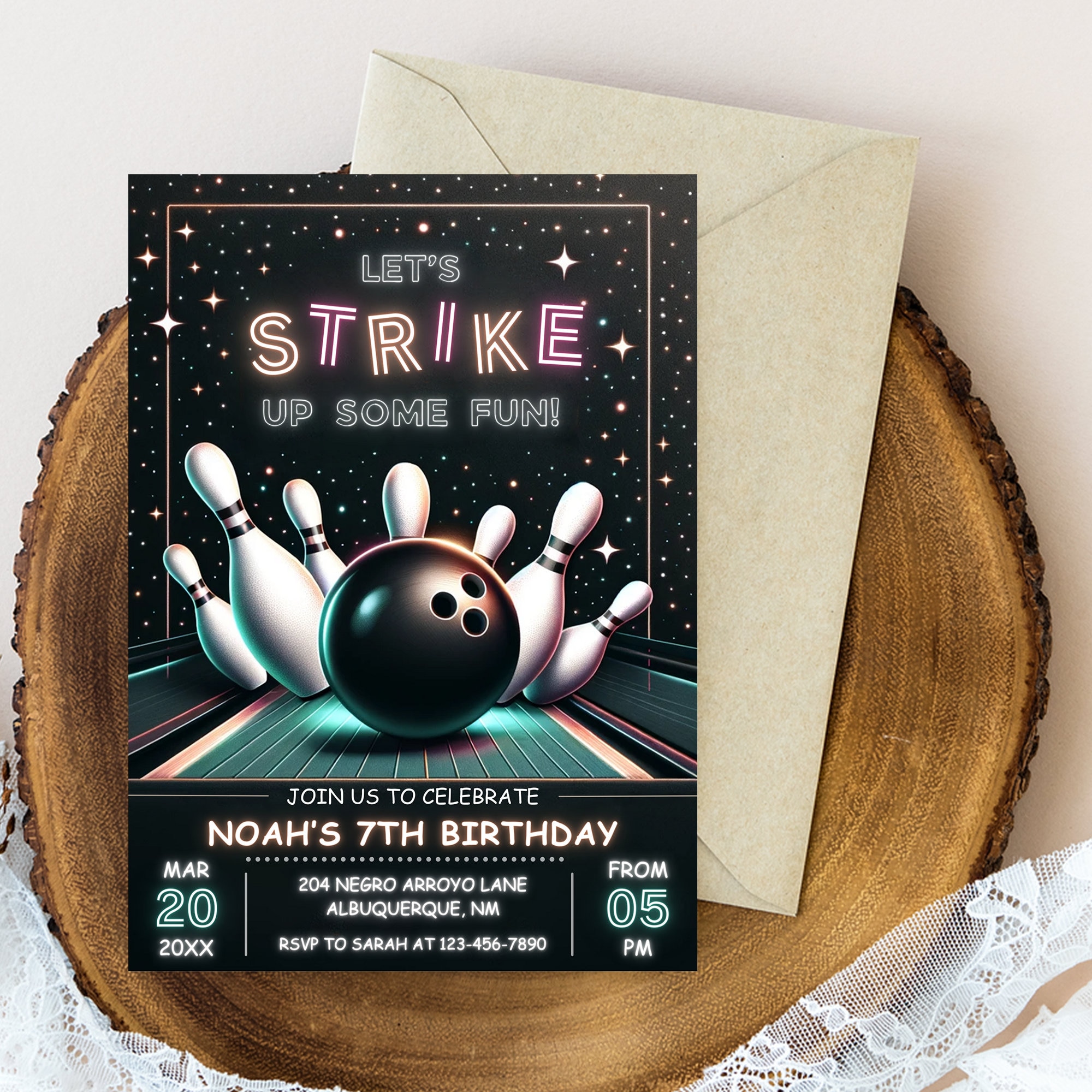 Editable Bowling Themed Birthday Party Invitation Card Template ...