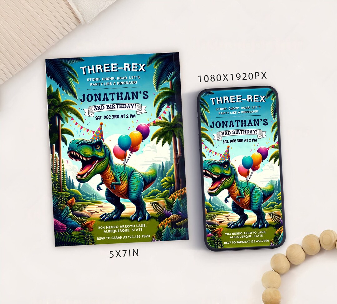 Editable Three Rex Third Birthday Party Invitation Card Template ...